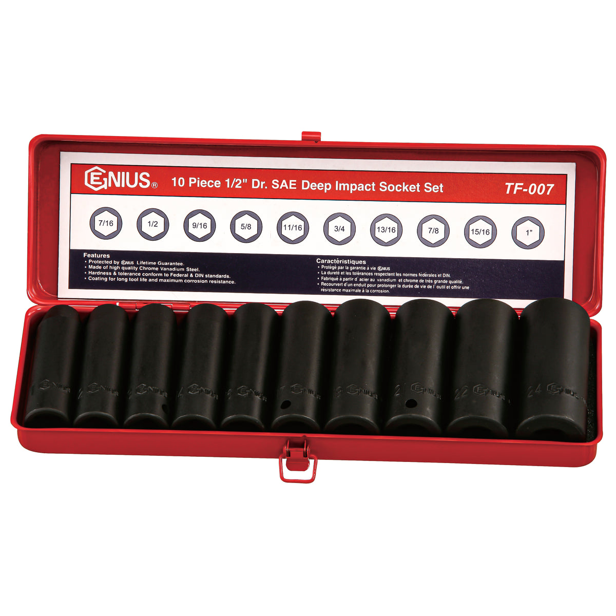 Genius Tools 10 Piece 1/2" Dr. SAE Deep Impact Socket Set - TF-007 ...