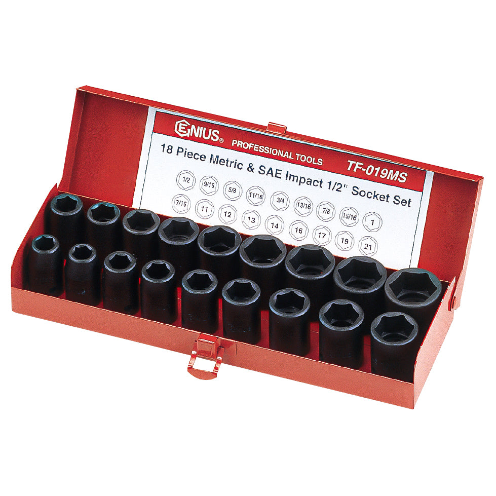 Genius Tools 18 Piece 1/2" Dr. Metric & SAE Impact Socket Set - TF-019 ...