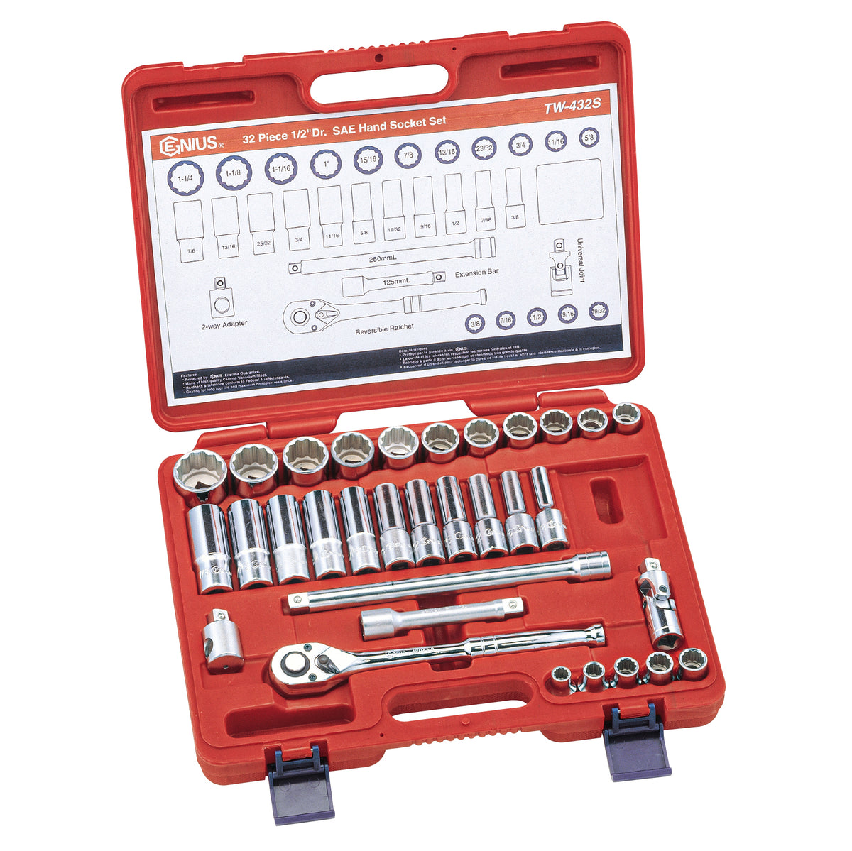 Genius Tools 32 Piece 1/2" Dr. SAE Hand Socket Set (12-Point) - TW-432 ...