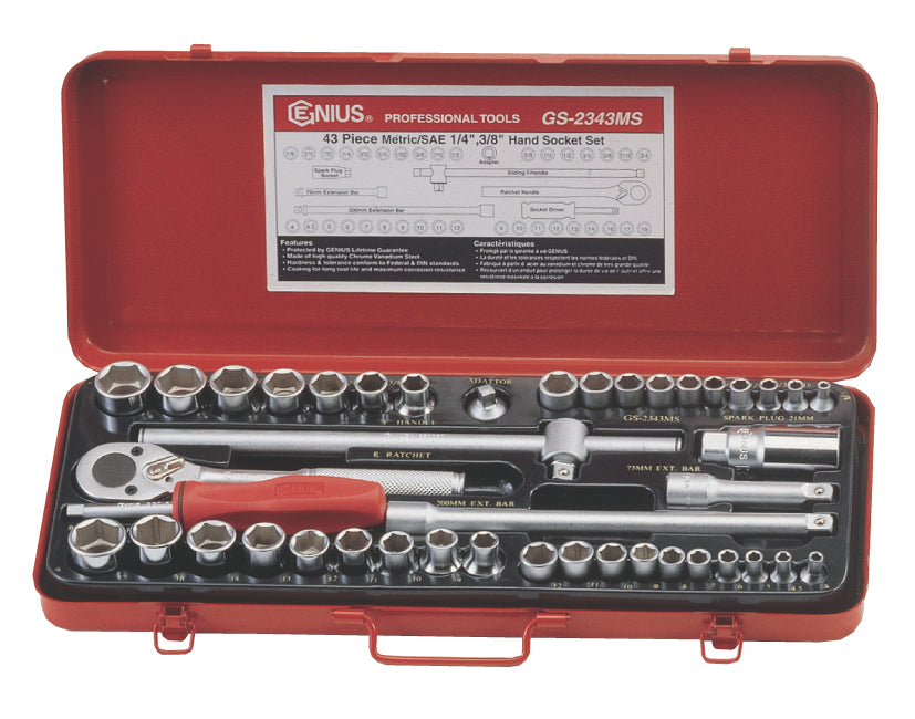 Genius Tools 43 Piece 1/4" & 3/8" Dr. Metric & SAE Hand Socket Set - G ...